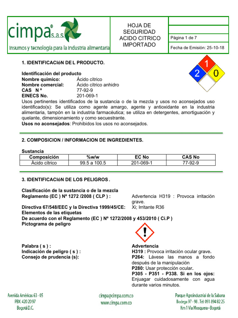 Ficha de Seguridad Acido Cítrico | PDF | Agua | Toxicidad