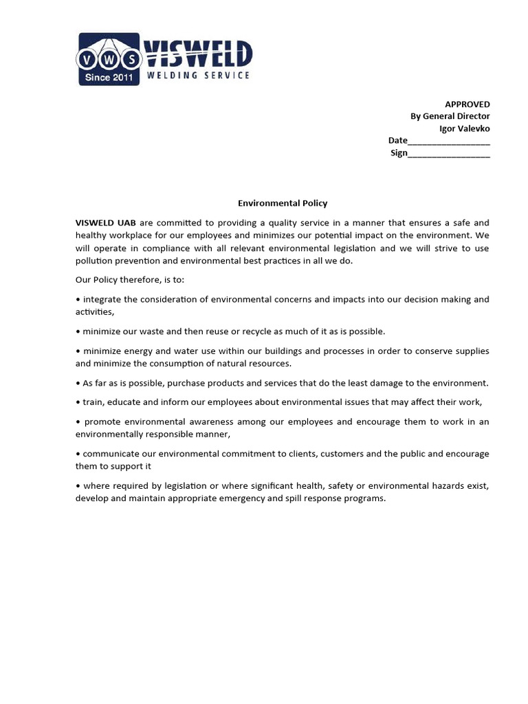 VISWELD Environmental Policy | PDF