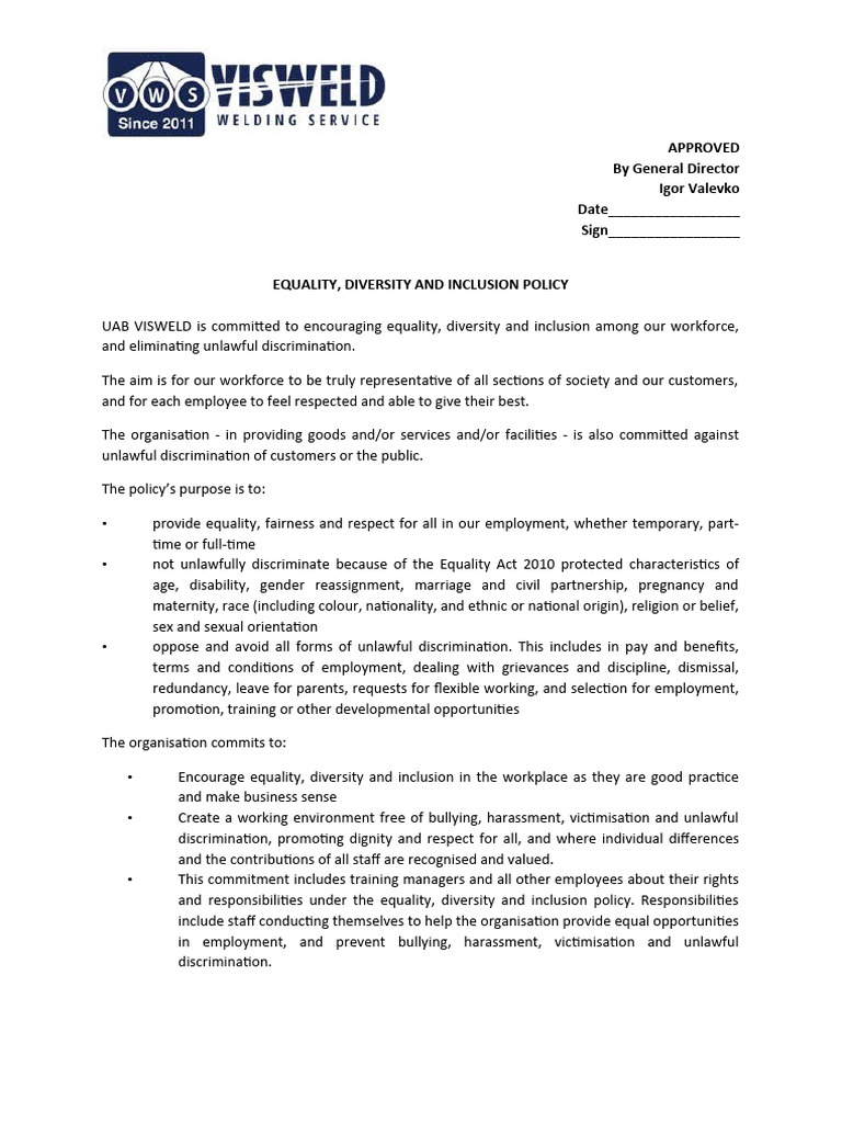 Workforce Equality & Inclusion Policy | PDF | Sexual Harassment ...