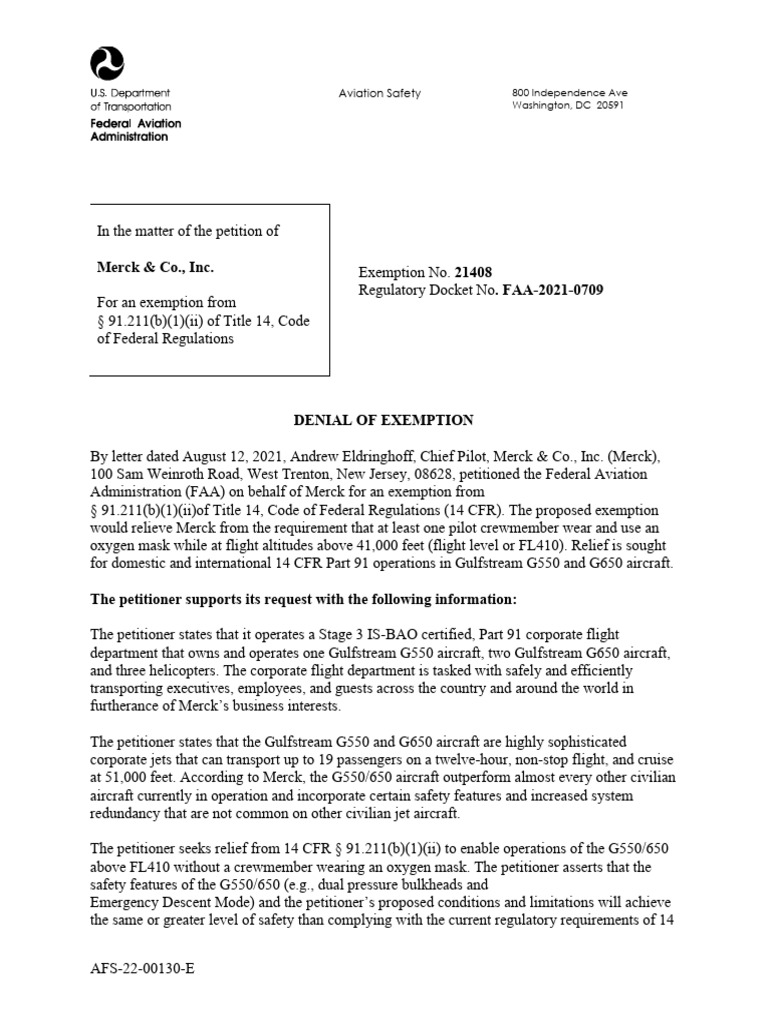 Merck's FAA Exemption Denial for Oxygen Mask Use | PDF | Air Traffic ...