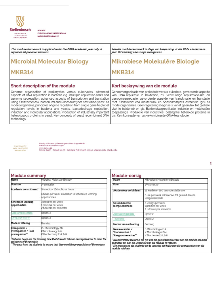 MKB314 Module Framework - 2024 | PDF | Gene | Prokaryote MKB314 Module Framework - 2024 | PDF | Gene | Prokaryote