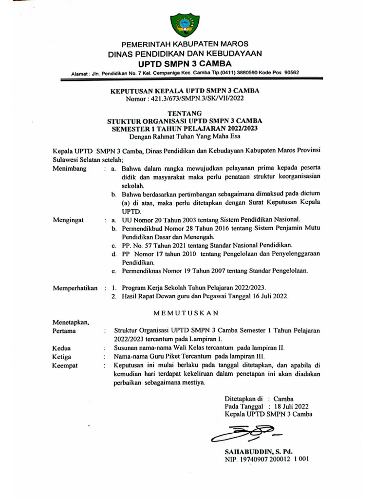 10-SK Struktur Organisasi SMPN 3 Camba 2022-2023 | PDF