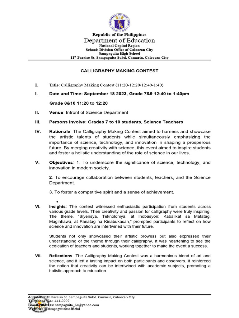 Narrative Report of Calligraphy Making Contest | PDF | Social Science