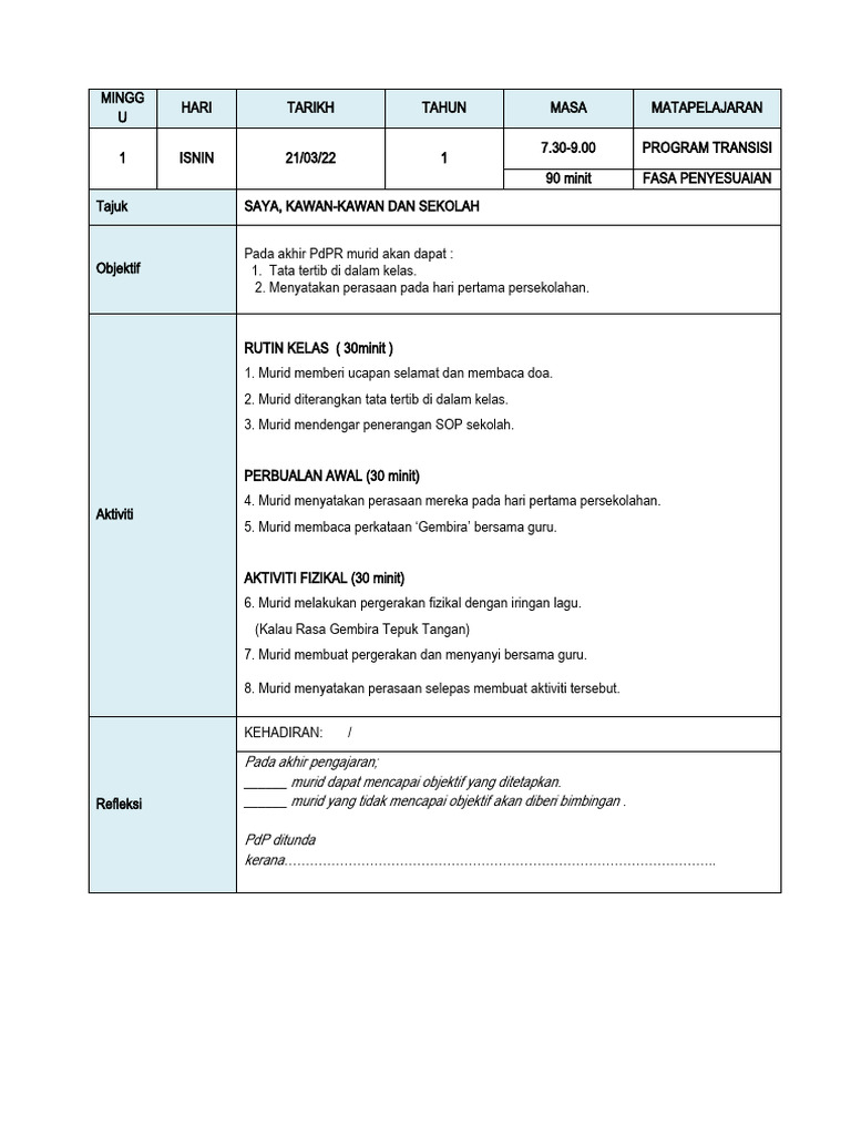 RPH Transisi Fasa Penyesuaian | PDF