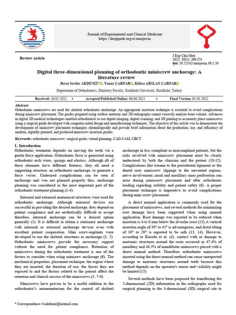 3 - Digital Three-Dimensional Planning of Orthodontic Miniscrew Anchorage - A Literature Review ...