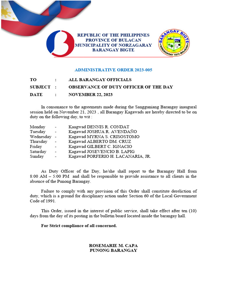 Admin Order 005 Duty Officer of The Day | PDF