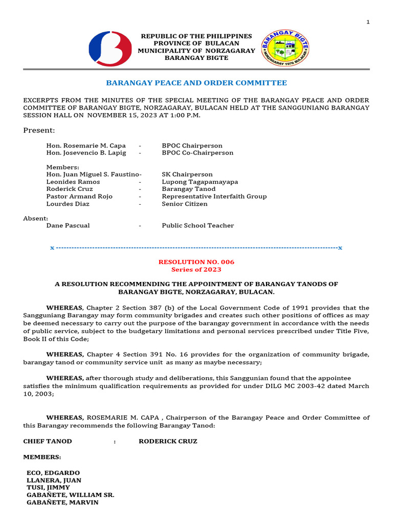 Barangay Bigte Tanod Appointment | PDF | Philippines
