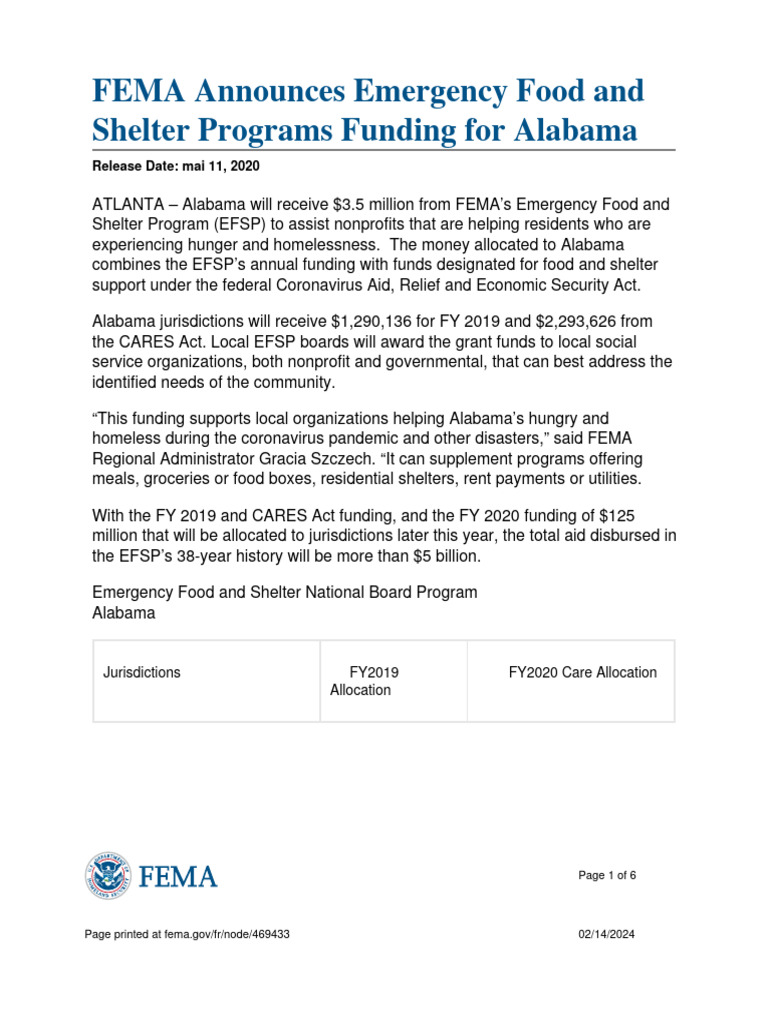 FEMA Announces Emergency Food and Shelter Programs Funding For Alabama ...