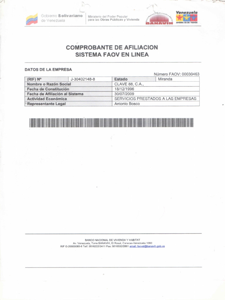 Comprobante de Inscripción Faov - Clave 88 | PDF