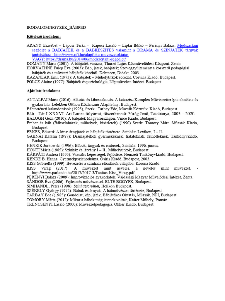 9 Irodalom Bábpedagógia | PDF