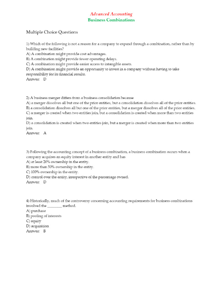 Advanced Accounting Business Combinations Multiple Choice | PDF