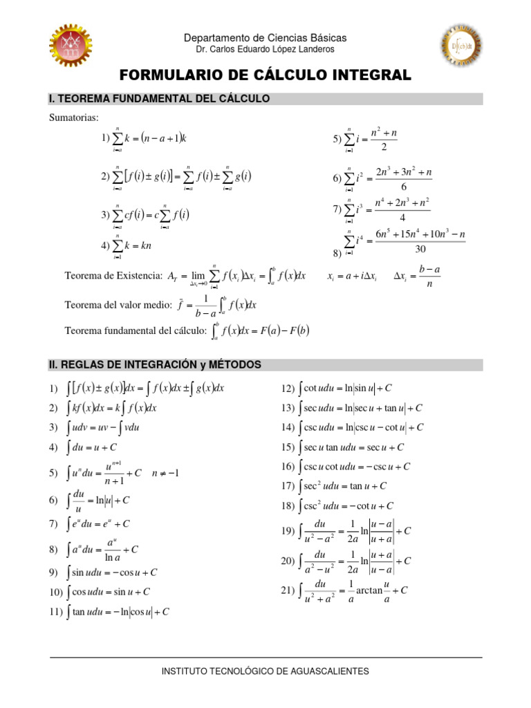 Formulario Cálculo Integral | Descargar gratis PDF | Integral ...