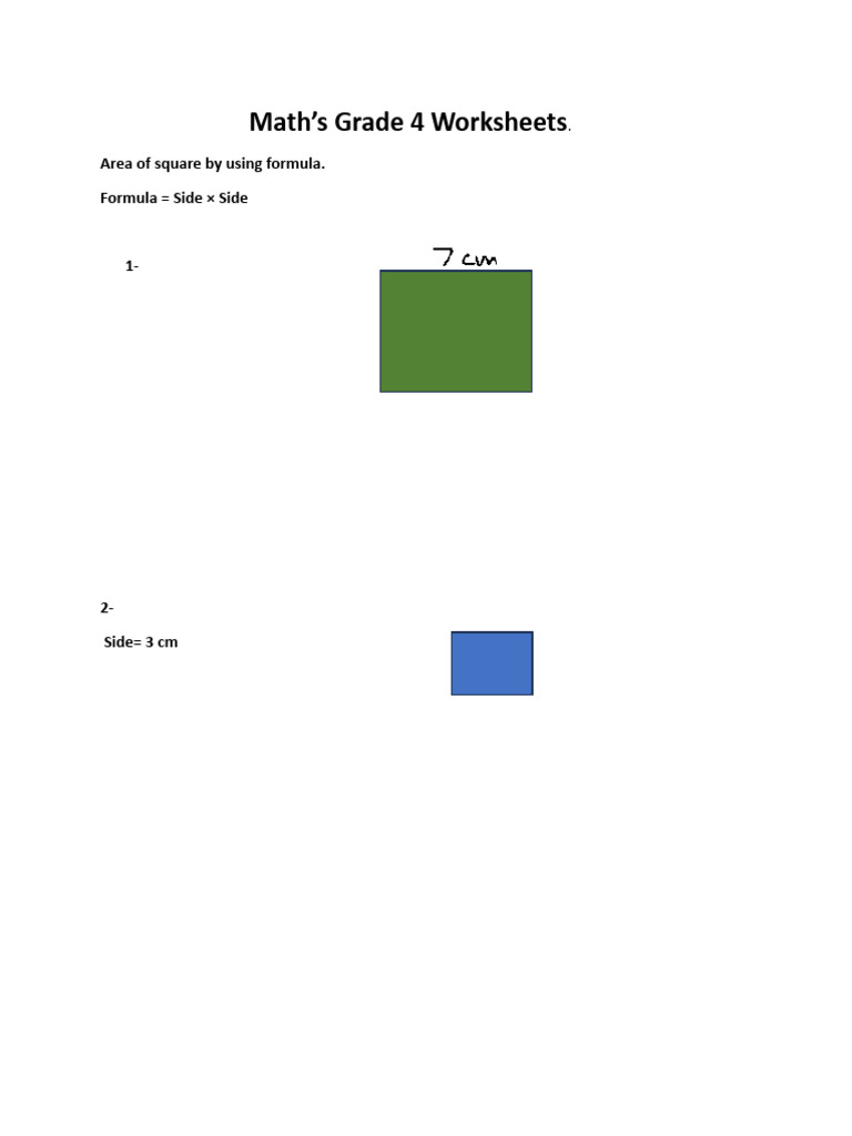 Area of Square Worksheets for Grade 4 | PDF