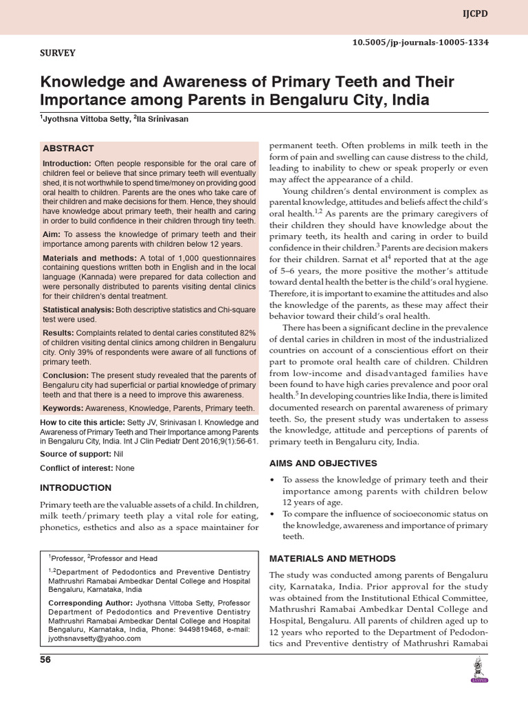 Knowledge and Awareness of Primary Teeth and Their | PDF | Dentistry ...