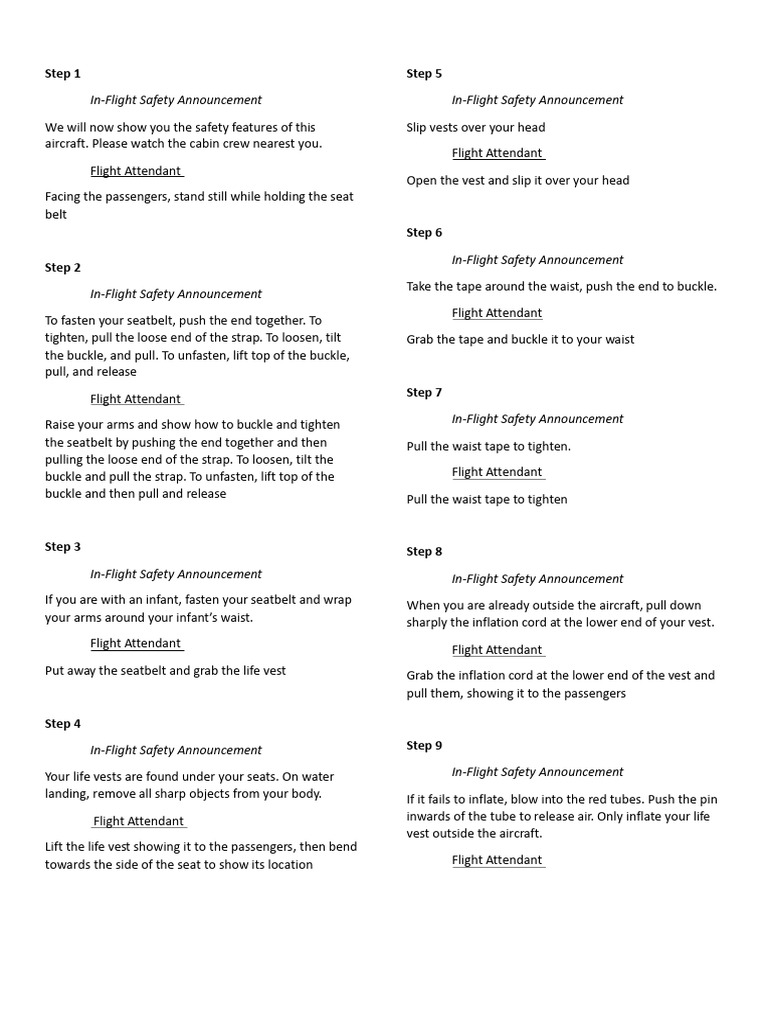 Inflight Safety Script | PDF | Flight Attendant | Seat Belt Inflight Safety Script | PDF | Flight Attendant | Seat Belt
