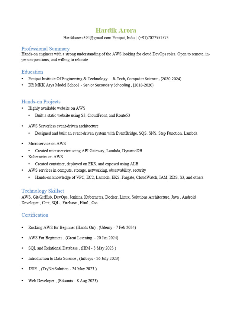 AWS DevOps Resume of Hardik Arora | PDF | Computers