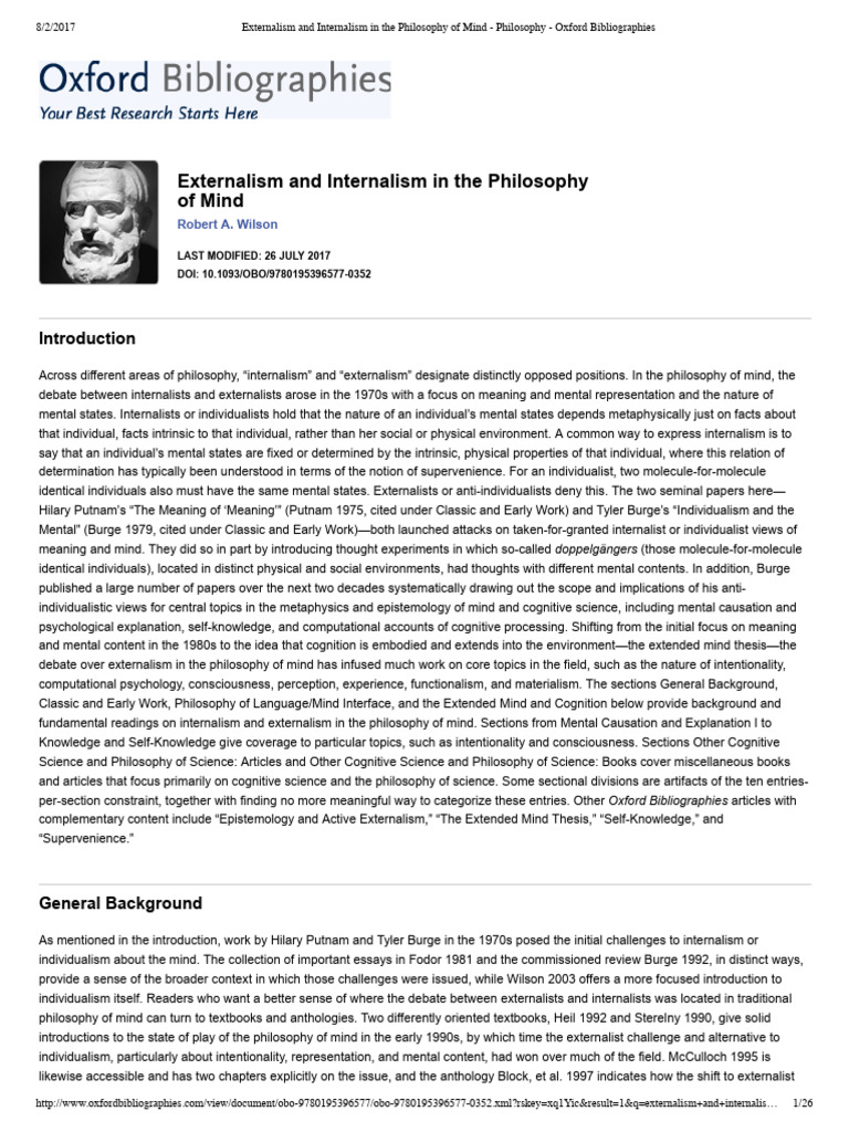Philosophy of Mind: Internalism vs Externalism | PDF | Internalism And ...
