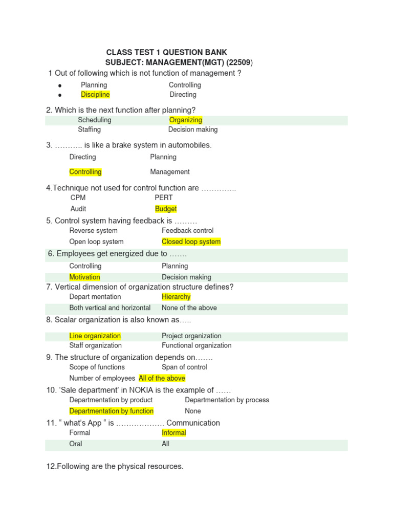 Management QUESTION BANK CT 01 | PDF | Business