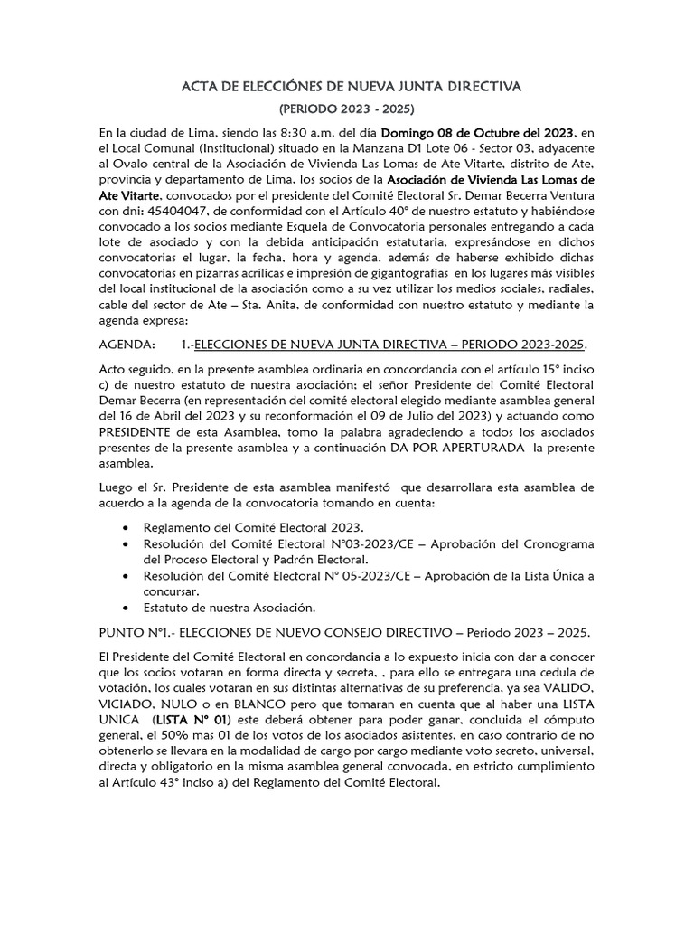 Modelo de Acta de Elecciónes de Nueva Junta Directiva | PDF | Votación | Corrupción política