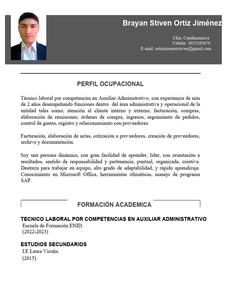Hoja de Vida - Brayan Stiven Ortiz Jimenez 2024 | PDF | Informática ...