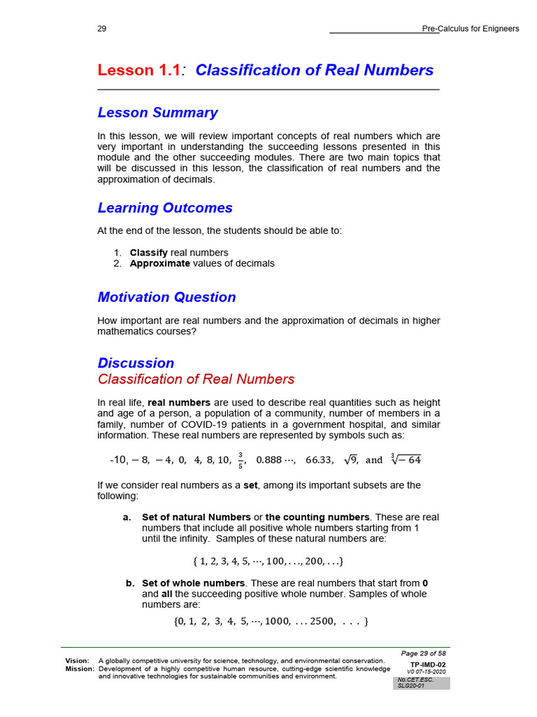 ESci 110 - Module 1 - Lesson 1 - Classification of Real Numbers | PDF | Numbers | Rational Number