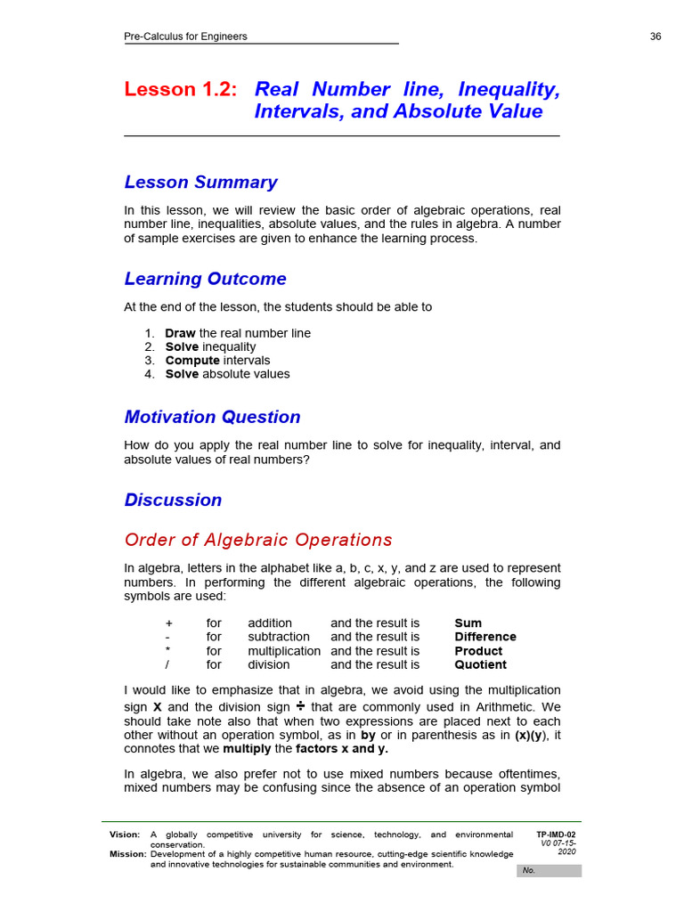 Esci 110 Module 1 Lesson 2 Real Number Line Inequality