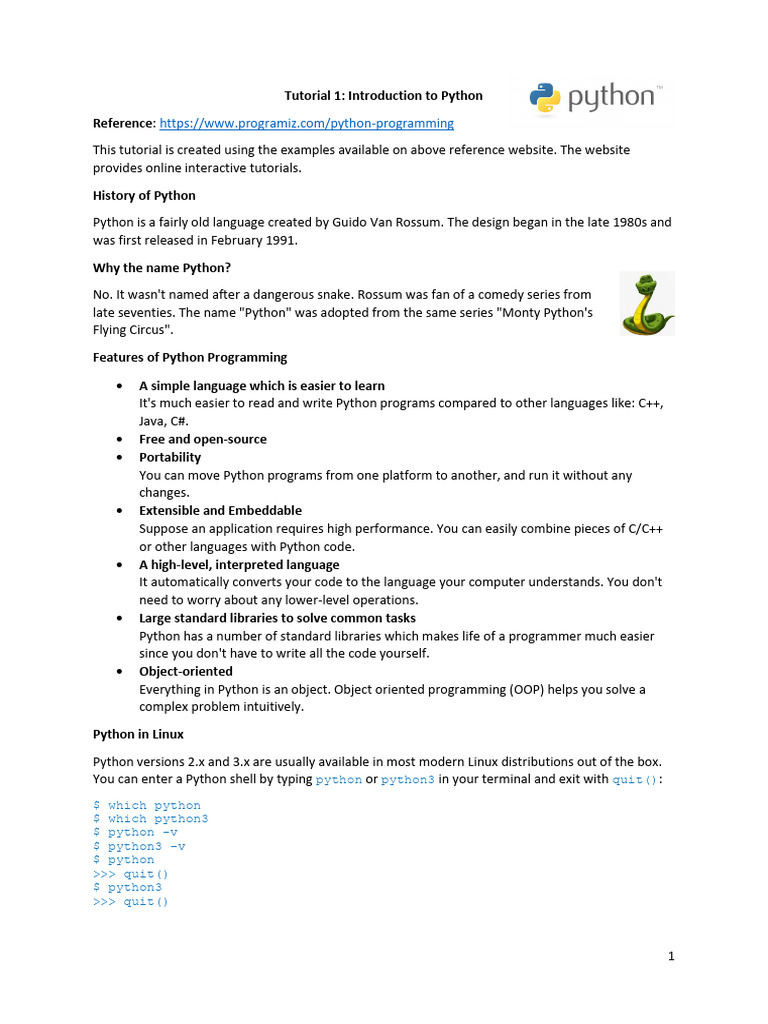 Tutorial 1 Introduction To Python | Download Free PDF | Data Type ... Tutorial 1 Introduction To Python | Download Free PDF | Data Type ...