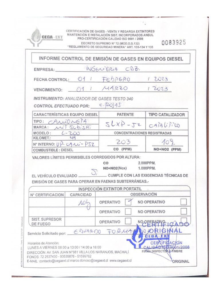 CERTIFICADO DE GASES SLXP-52 | PDF CERTIFICADO DE GASES SLXP-52 | PDF
