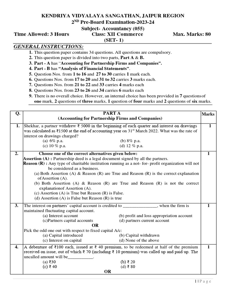 Kvs Jaipur Xii Acc QP & Ms (2nd PB) 23-24 (Set-1) | PDF | Debits And Credits | Balance Sheet