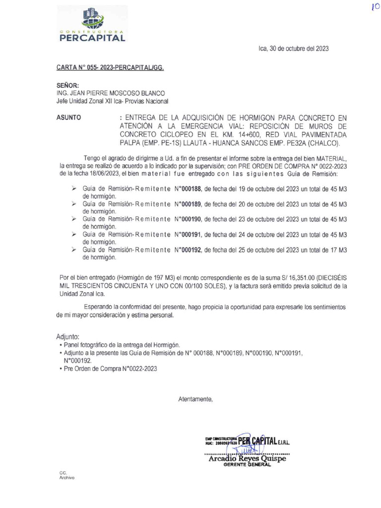 Carta N°055 Informe de Hormigon KM 14+600 | PDF