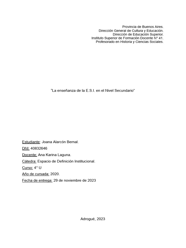 TP FINAL - La Enseñanza de La ESI en El Nivel Secundario - ALARCÓN BERNAL, JOANA. | PDF ...