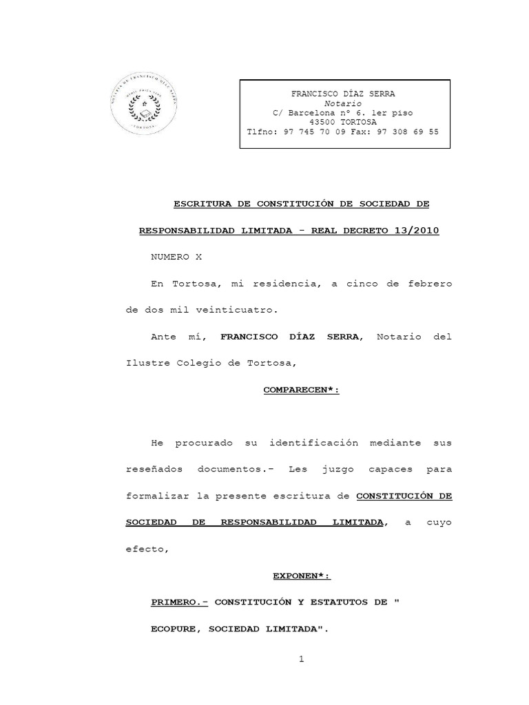 (Fet) Escritura de Constitución de Sociedad de Responsabilidad Limitada | PDF | Justicia ...