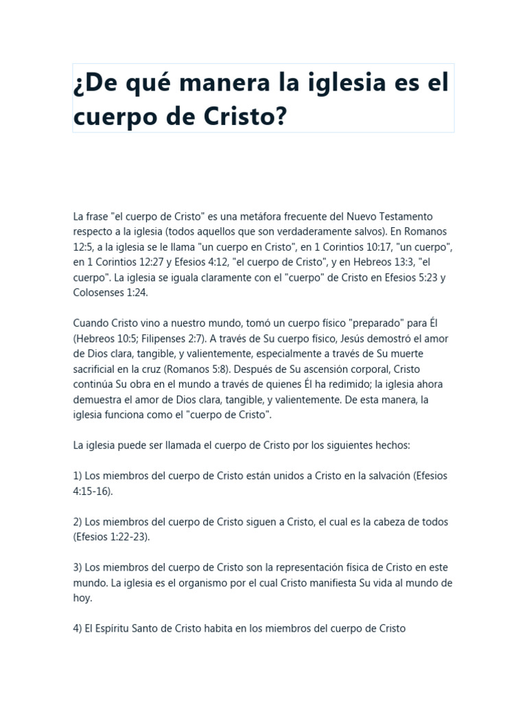 De qué manera la iglesia es el cuerpo de Cristo | PDF | Cristo (título) | Creencia religiosa y ...