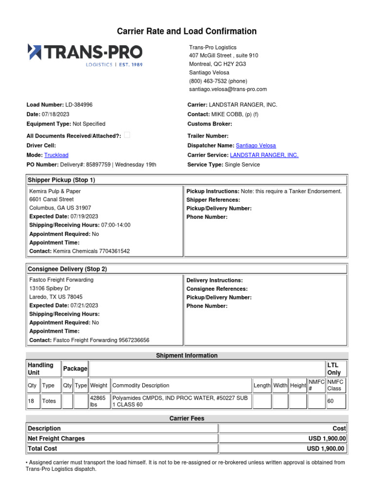LD-384996 - LANDSTAR RANGER, InC. - Carrier Rate and Load Confirmation ...