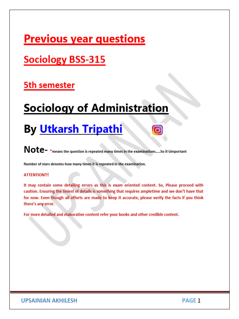 PYQ's BSS-315 Sociology of Administration | PDF | Power (Social And Political) | Bureaucracy