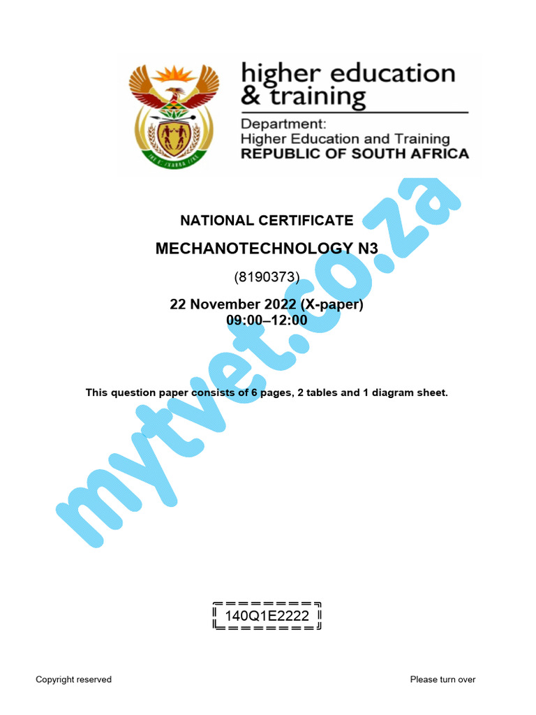 N3 Mechanotechnology November 2022 Question Paper | PDF | Bearing ...