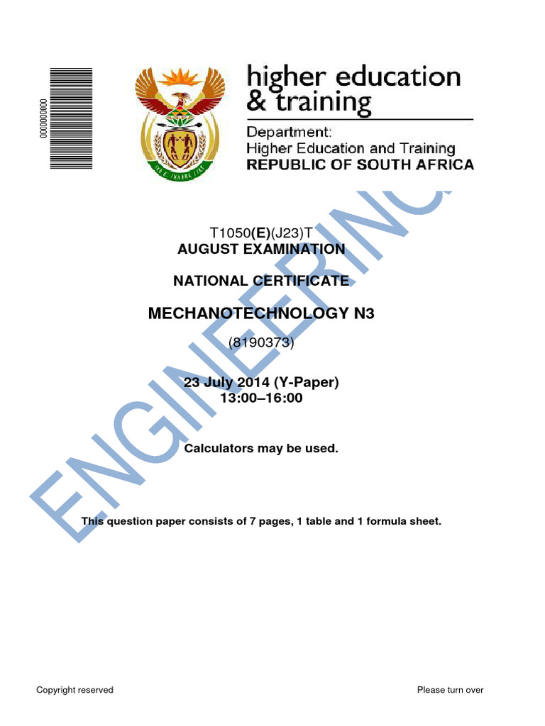 t1050 Mechanotechnology n3 QP Aug 2014 em To Dhet 1 | PDF | Belt ...