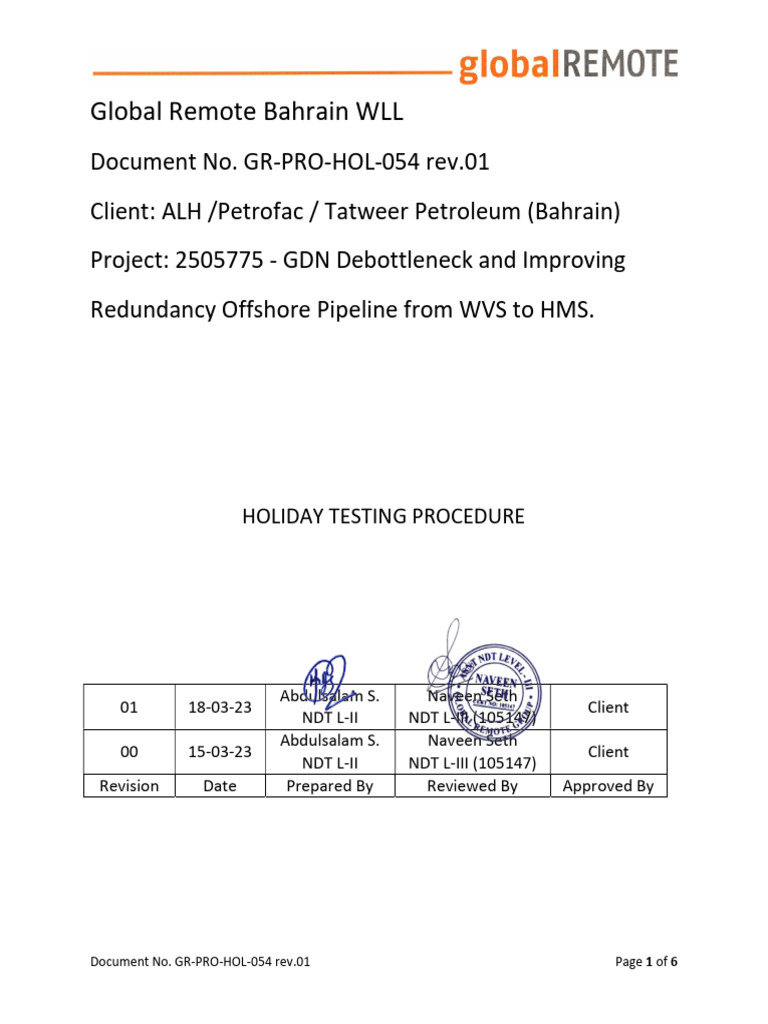 P 54 Holiday Testing Procedure R1 | PDF | Coating | Nondestructive Testing