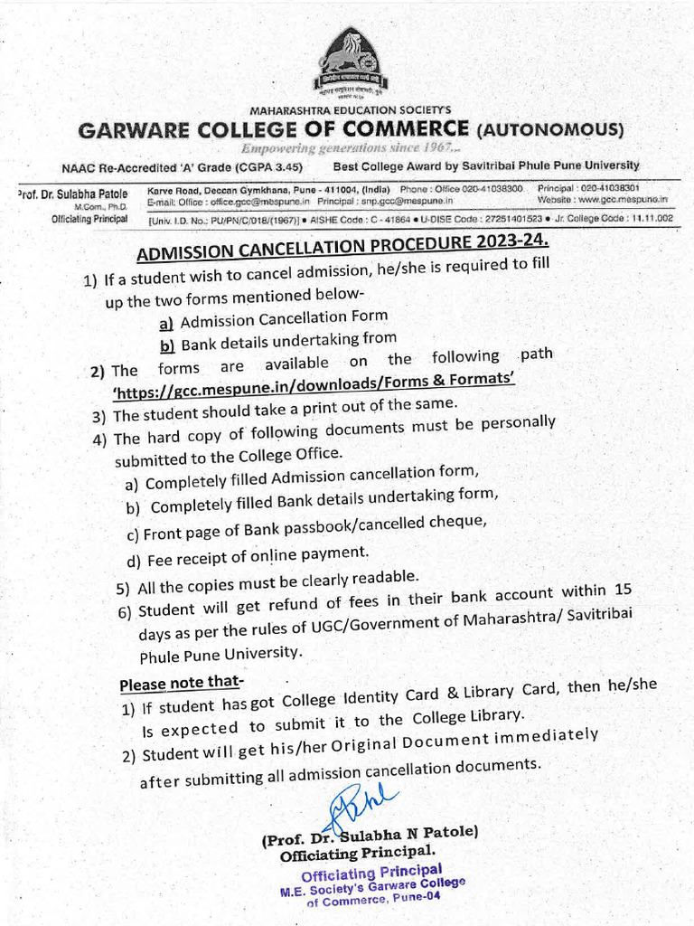 MES GCC Admission Cancellation Notice | PDF