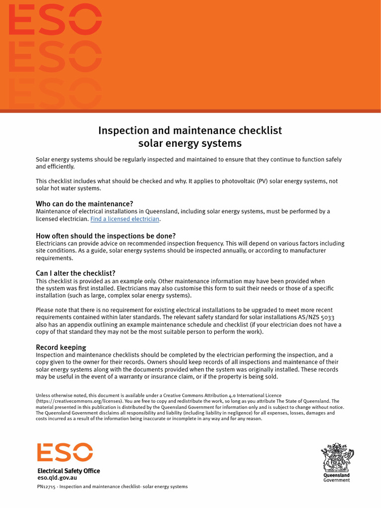 Inspection and Maintenance Checklist Solar Energy Systems 3 | PDF ...