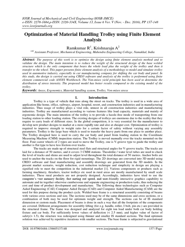 FEA - Optimization of Material Handling Trolley Using Finite Element Analysis | PDF | Stress ...