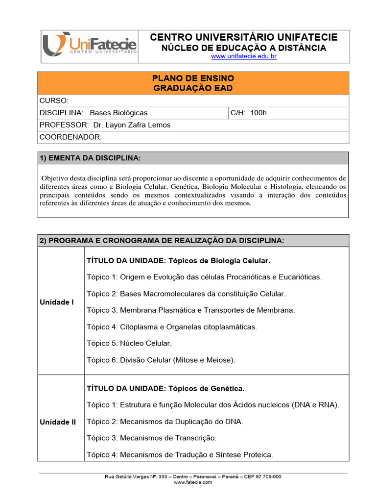 Plano de Ensino - Bases Biológicas | PDF | Célula (Biologia) | Biologia Molecular