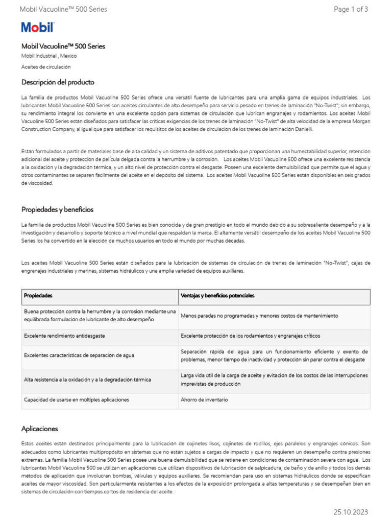 GL XX Mobil Vacuoline 500 Series | PDF | Engranaje | Rodamiento (Mecánico)