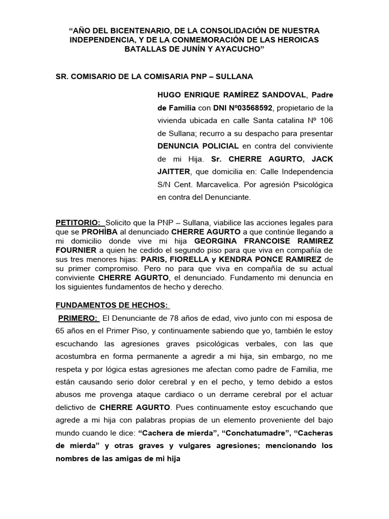 Solicitud De Denuncia Policial Pdf Violencia