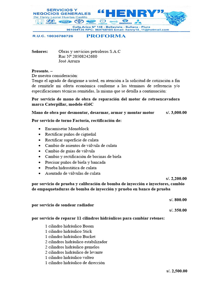 Proforma de Servicio | PDF | Propulsión | Tecnología del motor