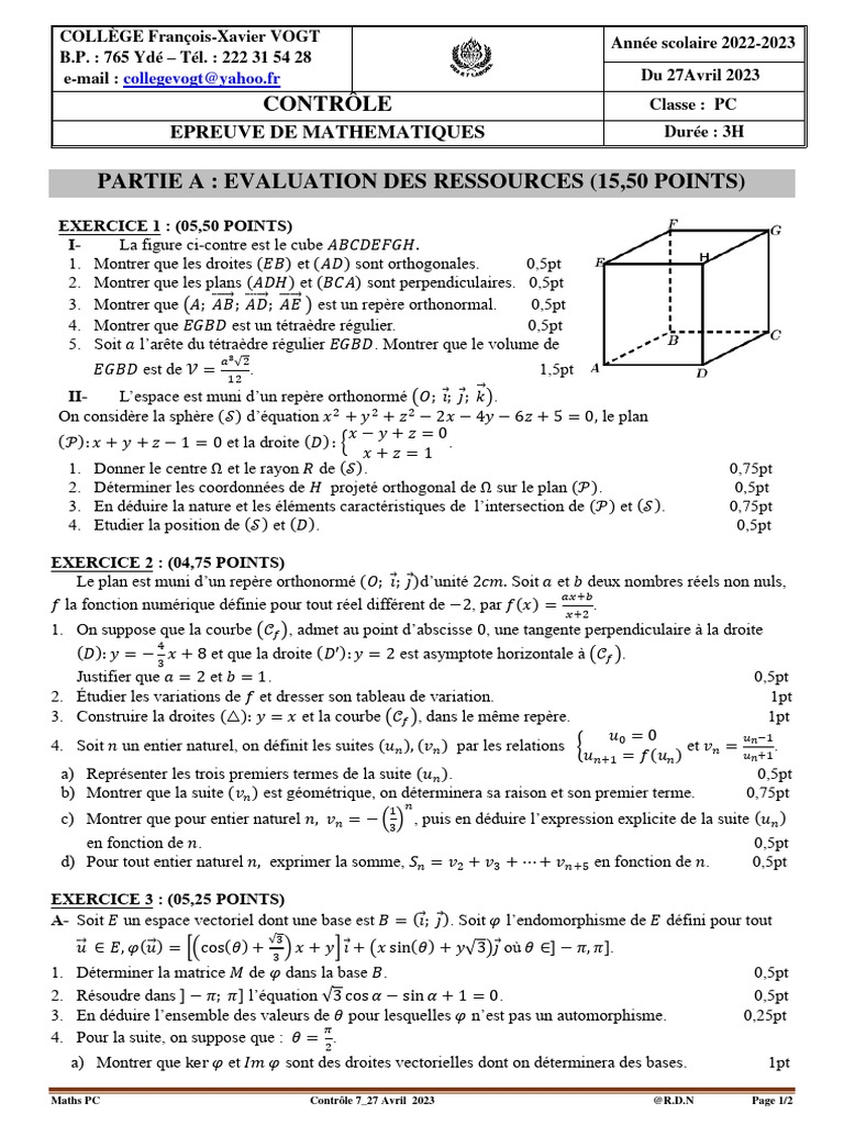 Examen Final Maths EB7 - Avril 2023 | PDF | Fonction (Mathématiques ...