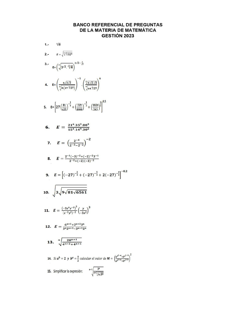 Banco de Preguntas Matemáticas Colegio Militar | PDF