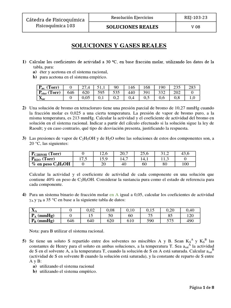 Letra y Resoluciones Ejercicios Soluciones y Gases Reales - 2023 | PDF | Mecanica clasica | Química