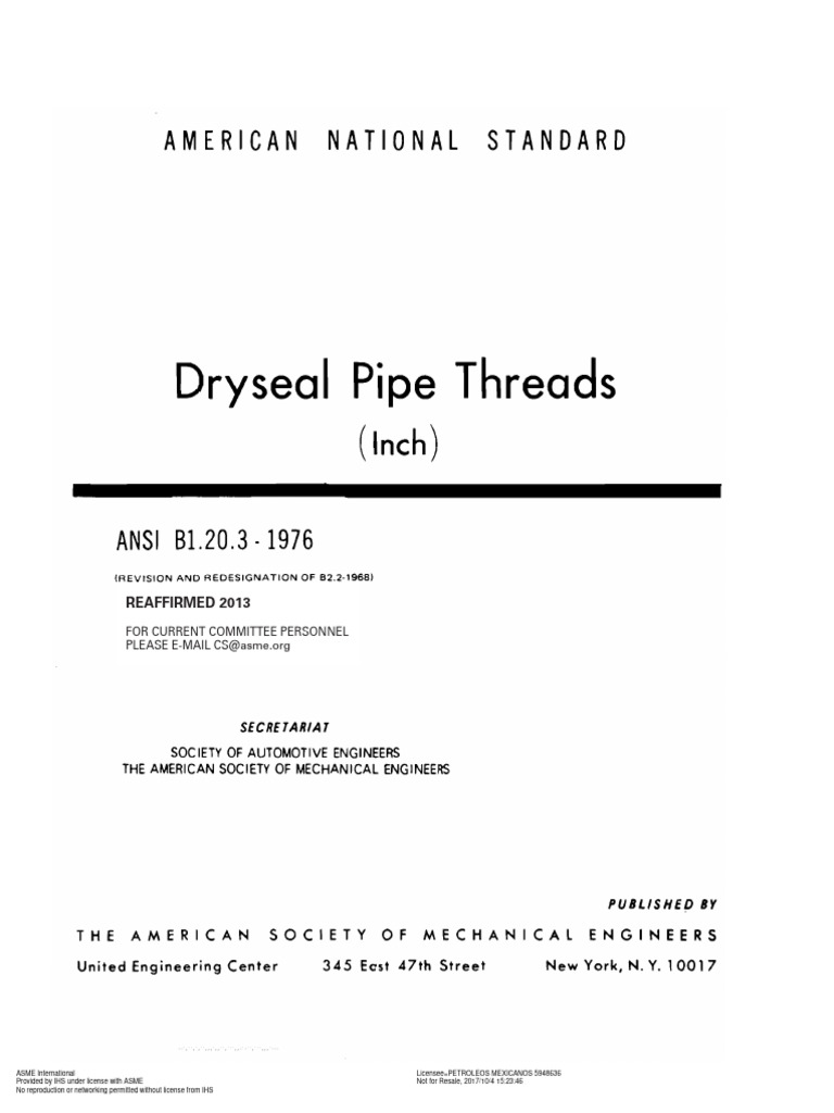 Ansi-B1.20.3-1976 Dryseal-Pipe Threads - (Inch) | Download Free PDF | Machining | Mechanical ...