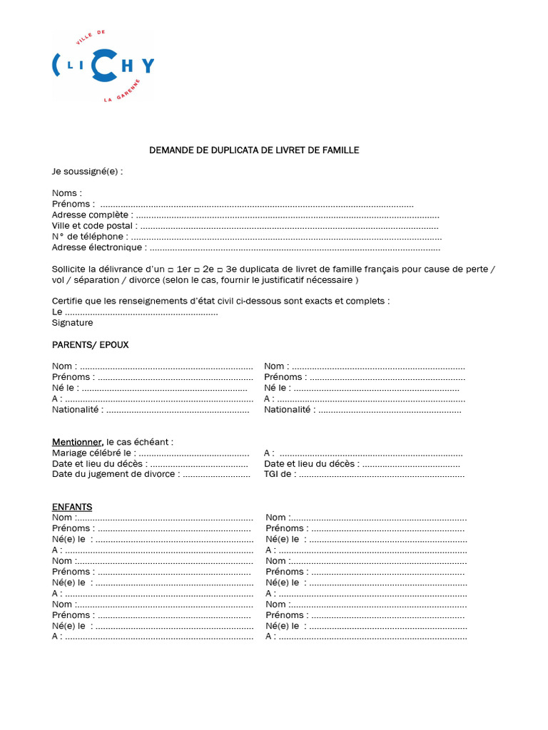 Formulaire Demande de Duplicata Du Livret de Famille | PDF